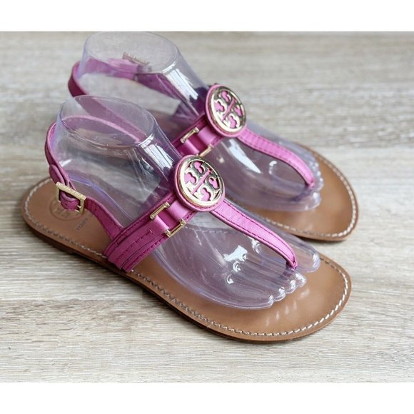 Tory Burch Shoes Tory Burch Sz 85 Cassia Fuchsia Leather Sandals Gold Logo Slingback Thong